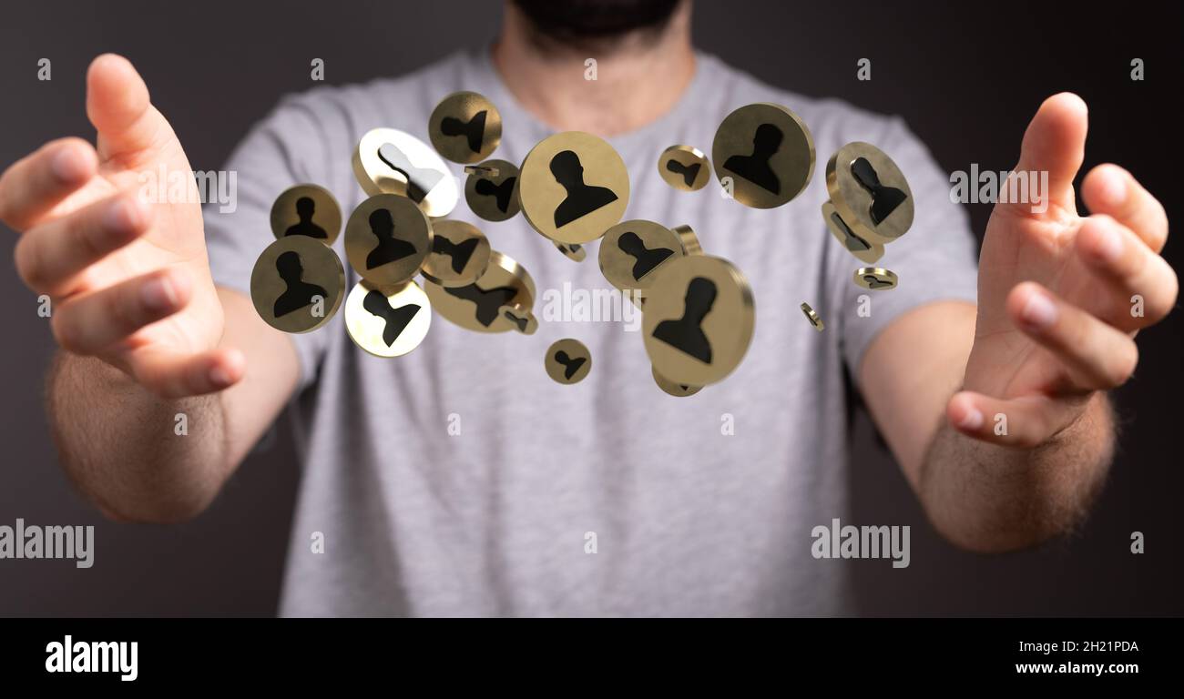 Person's hands with 3D rendered profile icons Stock Photo - Alamy