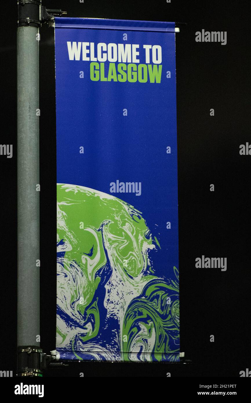 Glasgow, Scotland, UK. 19th Oct, 2021. PICTURED: A COP26 banner saying ...