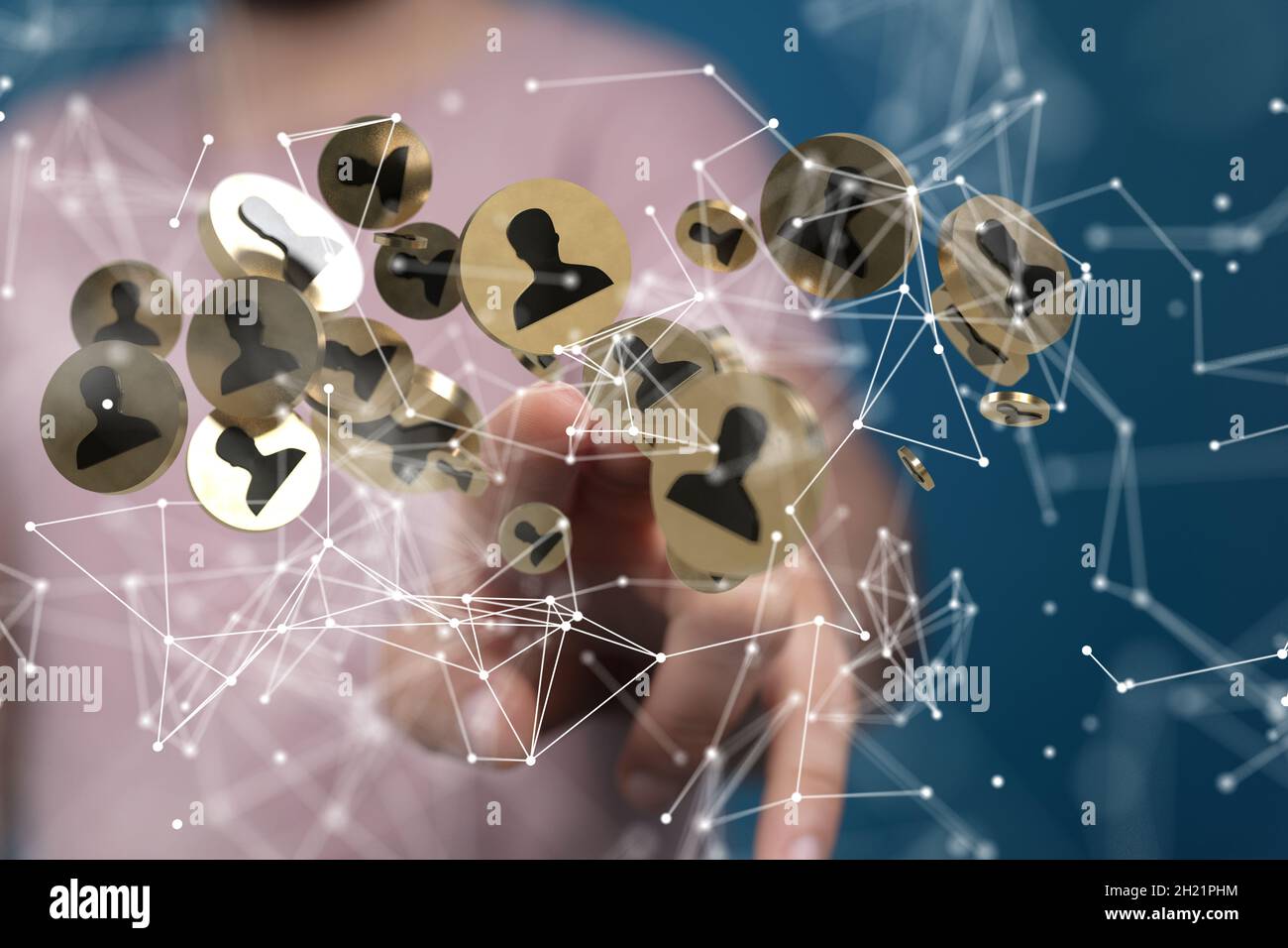 Person tapping on 3D rendered profile icons Stock Photo - Alamy