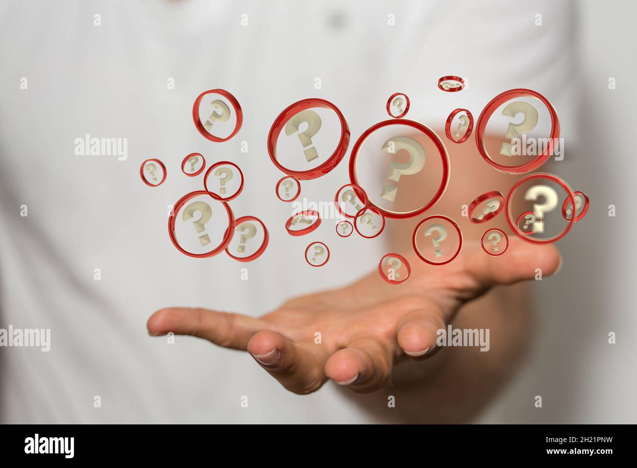 3D rendered question marks hovering over a person's hand Stock Photo ...