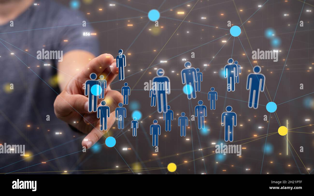 Person tapping on 3D rendered people icons Stock Photo - Alamy