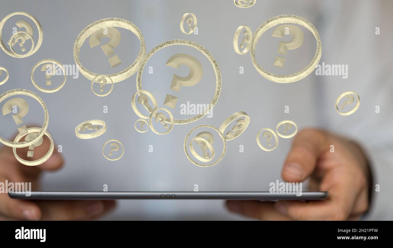 3D rendered question marks hovering over person's hands holding a ...