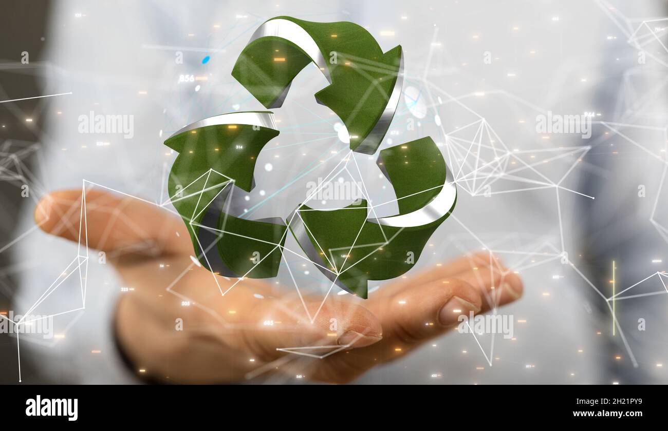 3D rendered green recycling sign hovering over a person's hand Stock ...