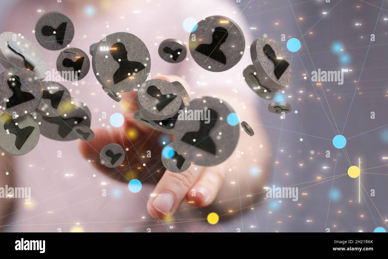 Person tapping on 3D rendered profile icons Stock Photo - Alamy