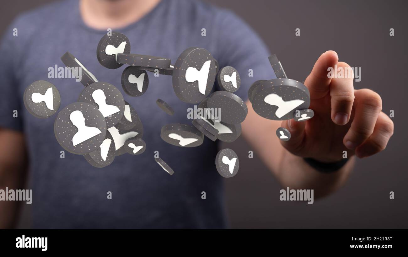 Person tapping on 3D rendered profile icons Stock Photo - Alamy