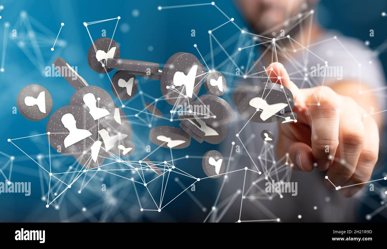 Person tapping on 3D rendered profile icons Stock Photo - Alamy