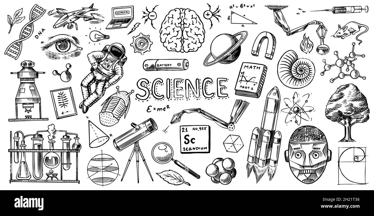 Science banner. Engraved hand drawn in old sketch and vintage style ...
