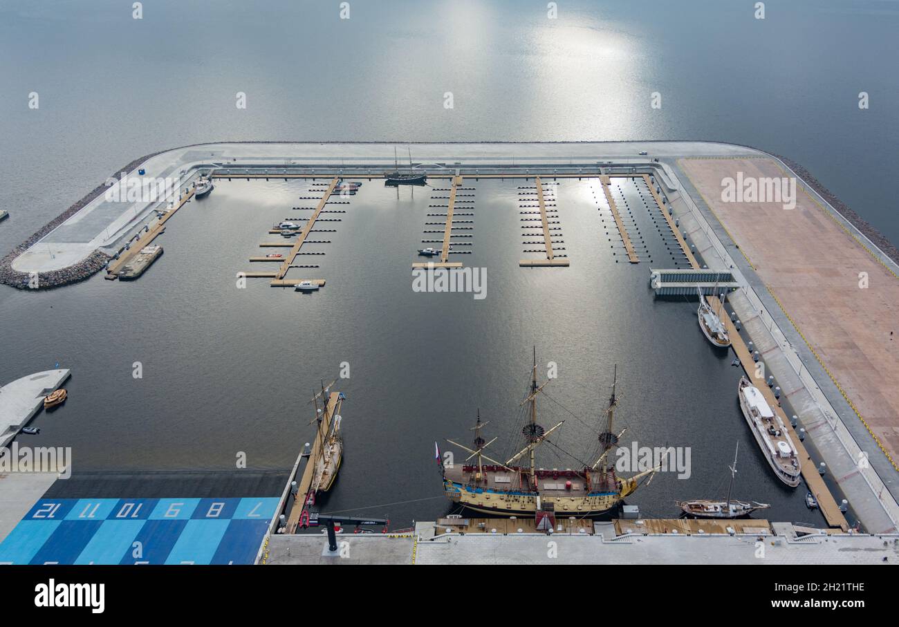 Russia, St. Petersburg, 14 October 2021: Aerial view of the new port ...