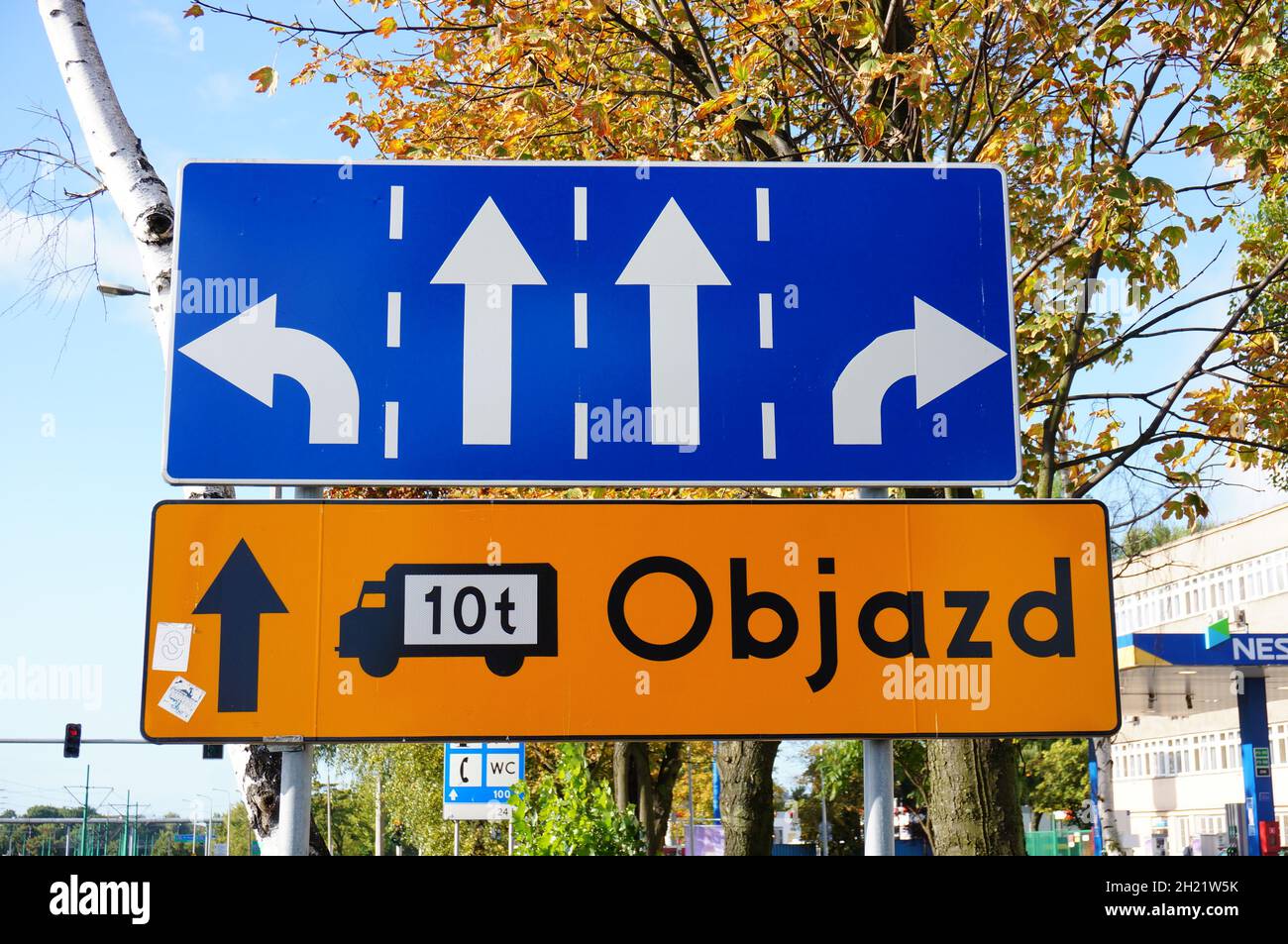 POZNAN, POLAND - Sep 09, 2021: A sign with arrows showing different ...