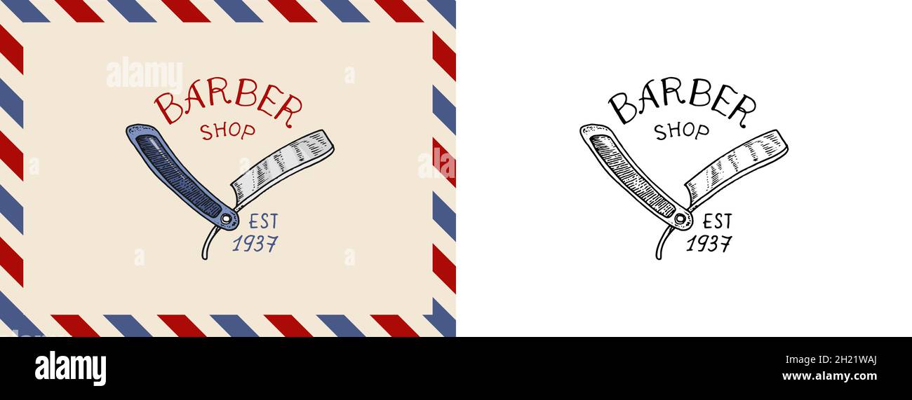 Straight razor. Barber shop badge and label, logo and hipster emblems ...