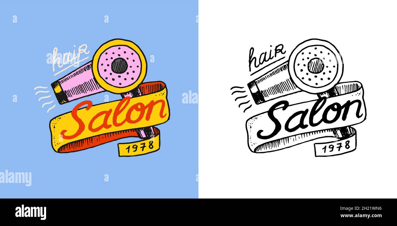 Hair dryer. Barber shop badge and label, logo and hipster emblems ...