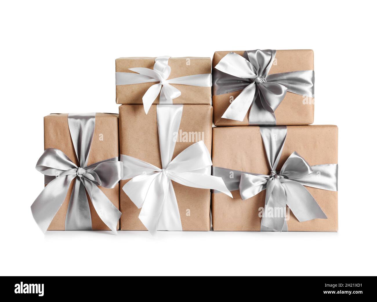 Beautifully wrapped gift boxes on white background Stock Photo - Alamy