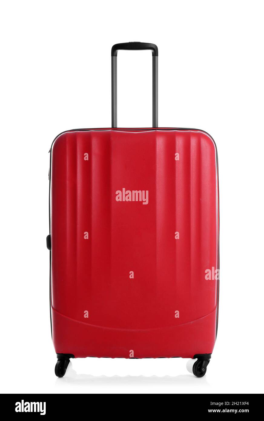 Red suitcase for travelling on white background Stock Photo - Alamy