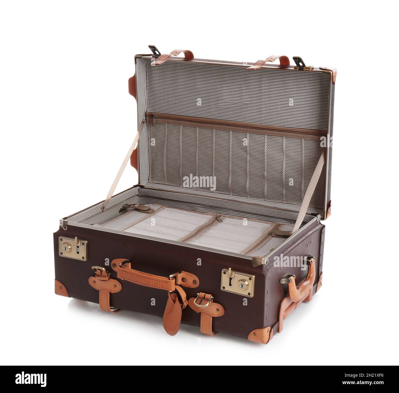 Open suitcase for travelling on white background Stock Photo - Alamy