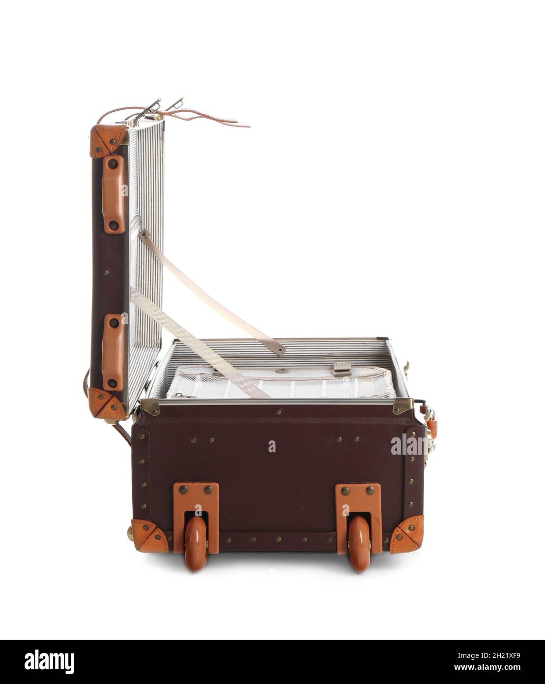 Open suitcase for travelling on white background Stock Photo - Alamy