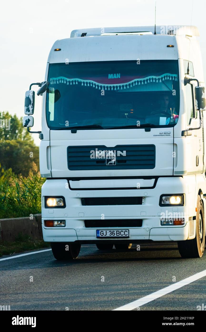 BUCHARE, ROMANIA - Sep 01, 2021: A loaded European truck in motion on ...