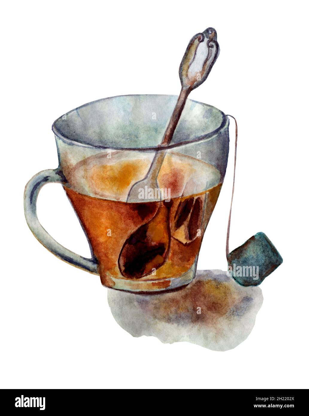 Transparent cup of hot black tea with tea bag and spoon isolated on a ...