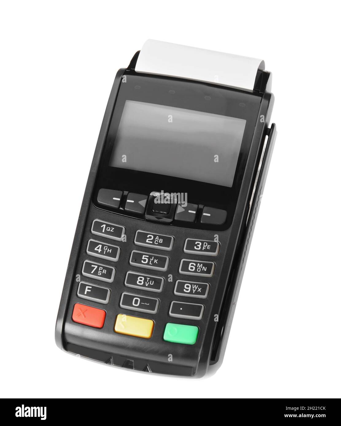 Modern payment terminal on white background, top view Stock Photo - Alamy