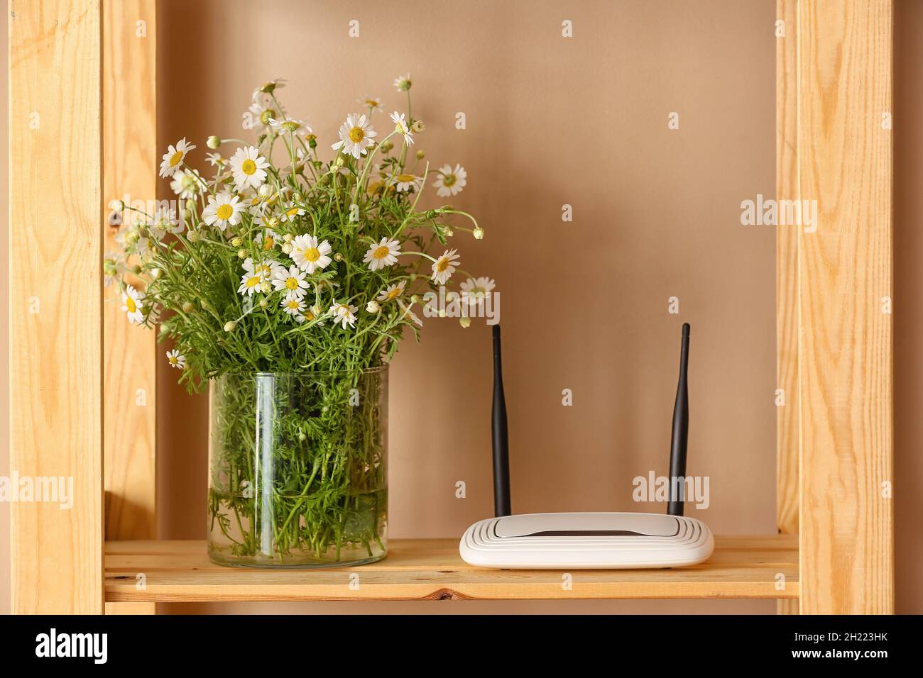 Modern wi-fi router and vase with chamomile flowers on shelf near beige ...