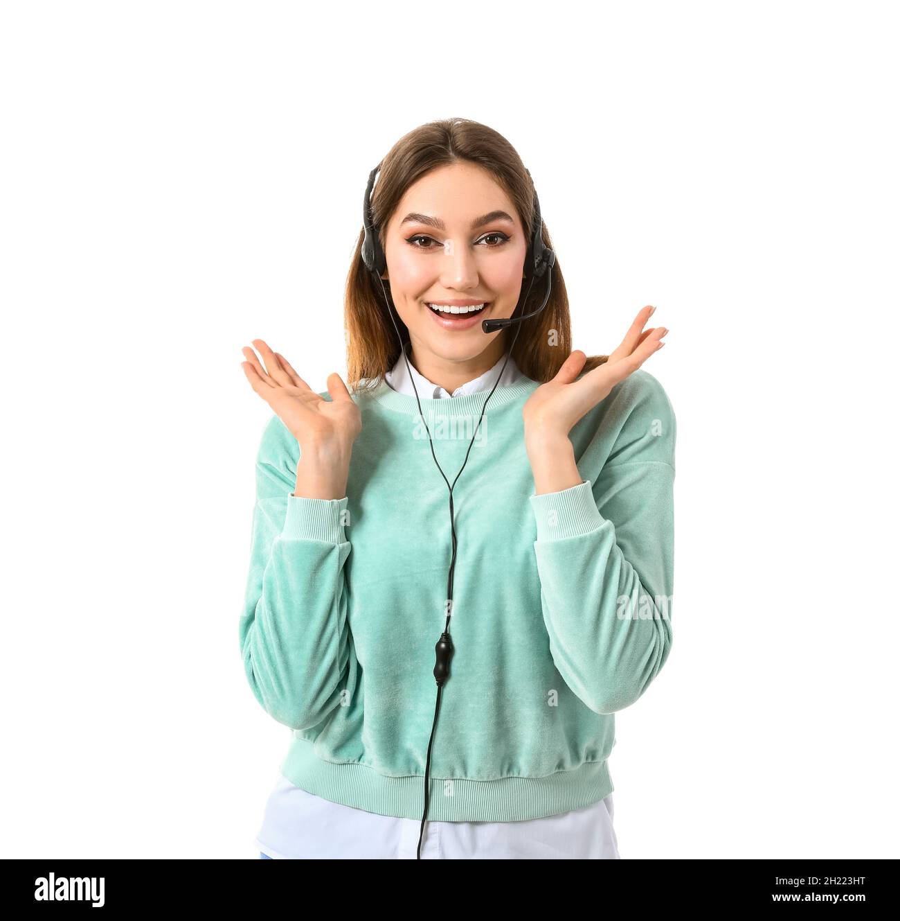 Female technical support agent on white background Stock Photo - Alamy