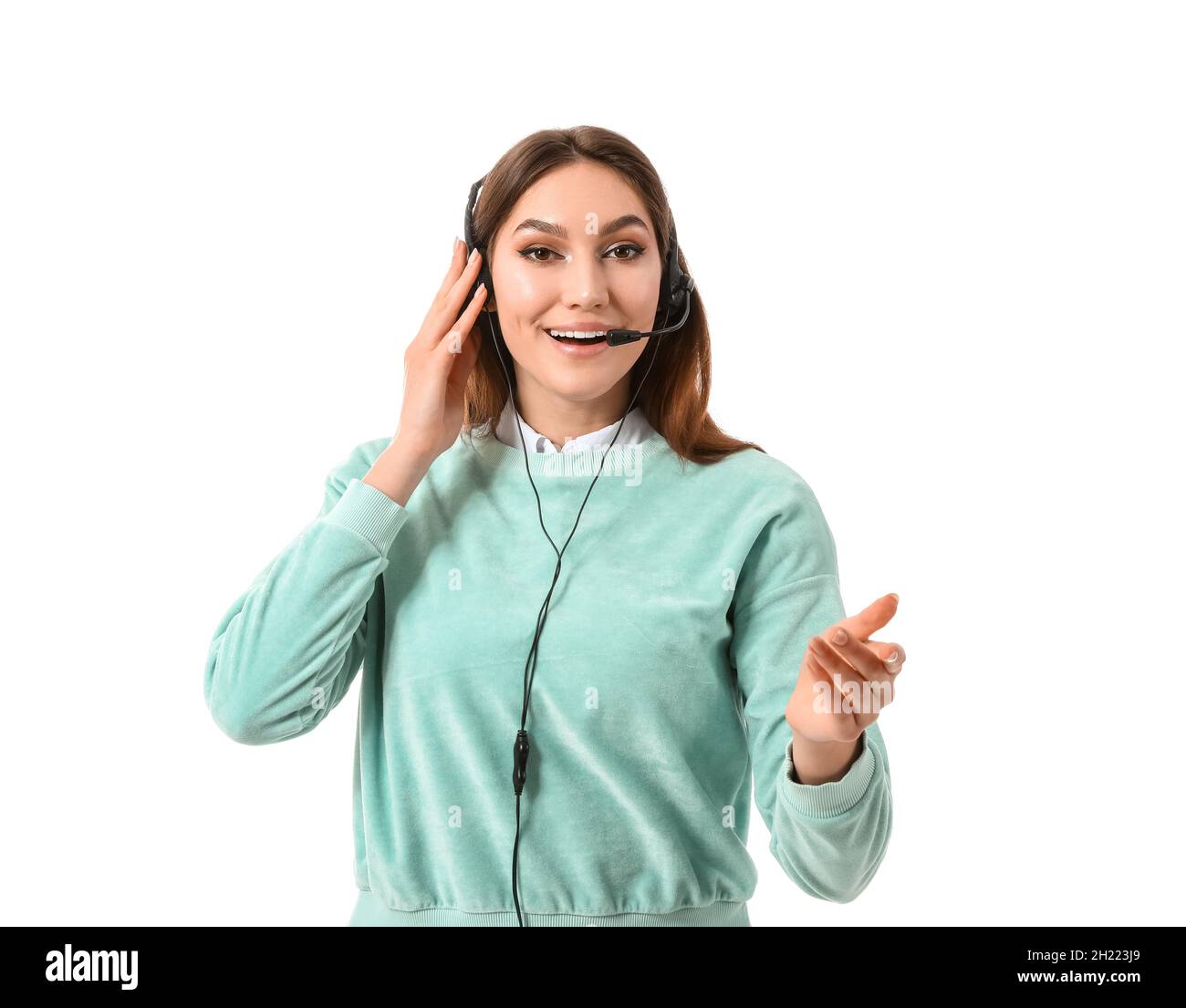 Female technical support agent on white background Stock Photo - Alamy