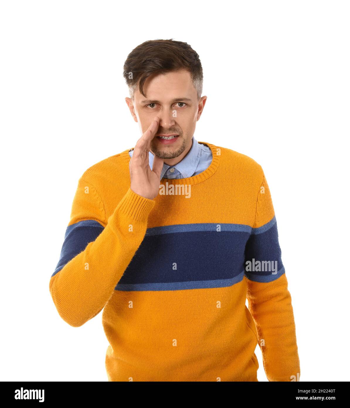Gossiping man on white background Stock Photo - Alamy