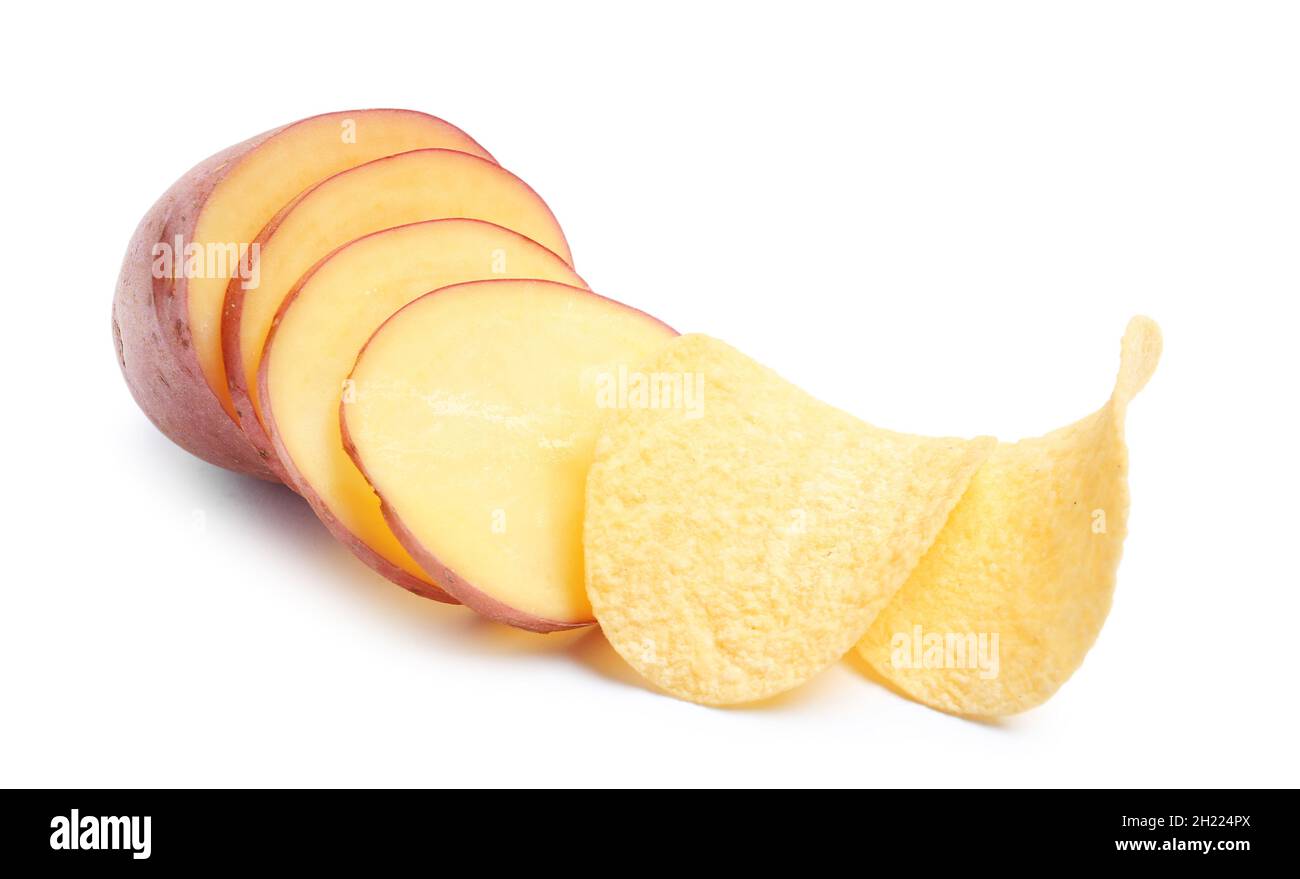 Raw potato and tasty chips on white background Stock Photo - Alamy
