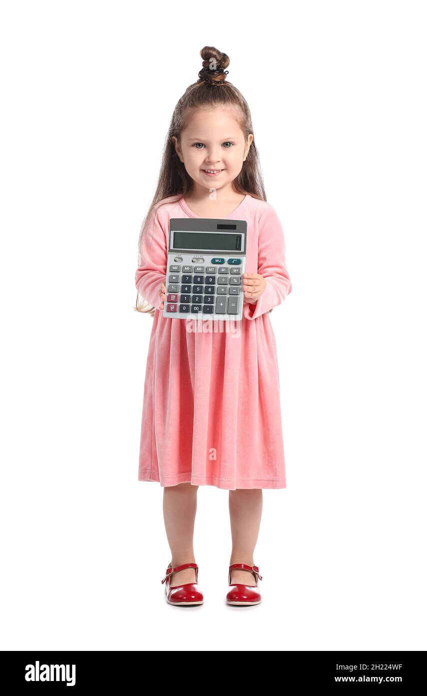 Adorable little girl with calculator on white background Stock Photo ...