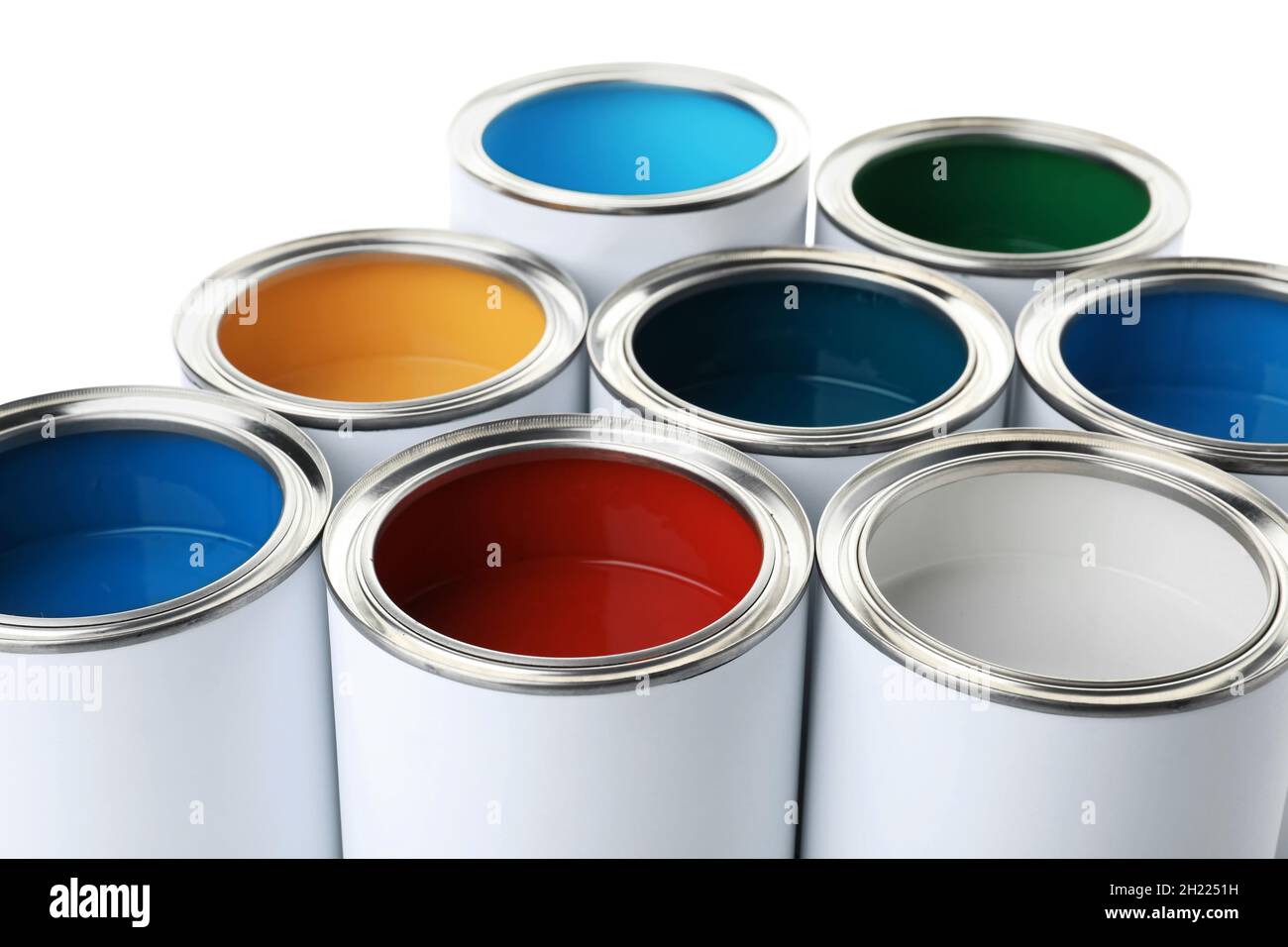Open paint cans on white background, closeup Stock Photo - Alamy