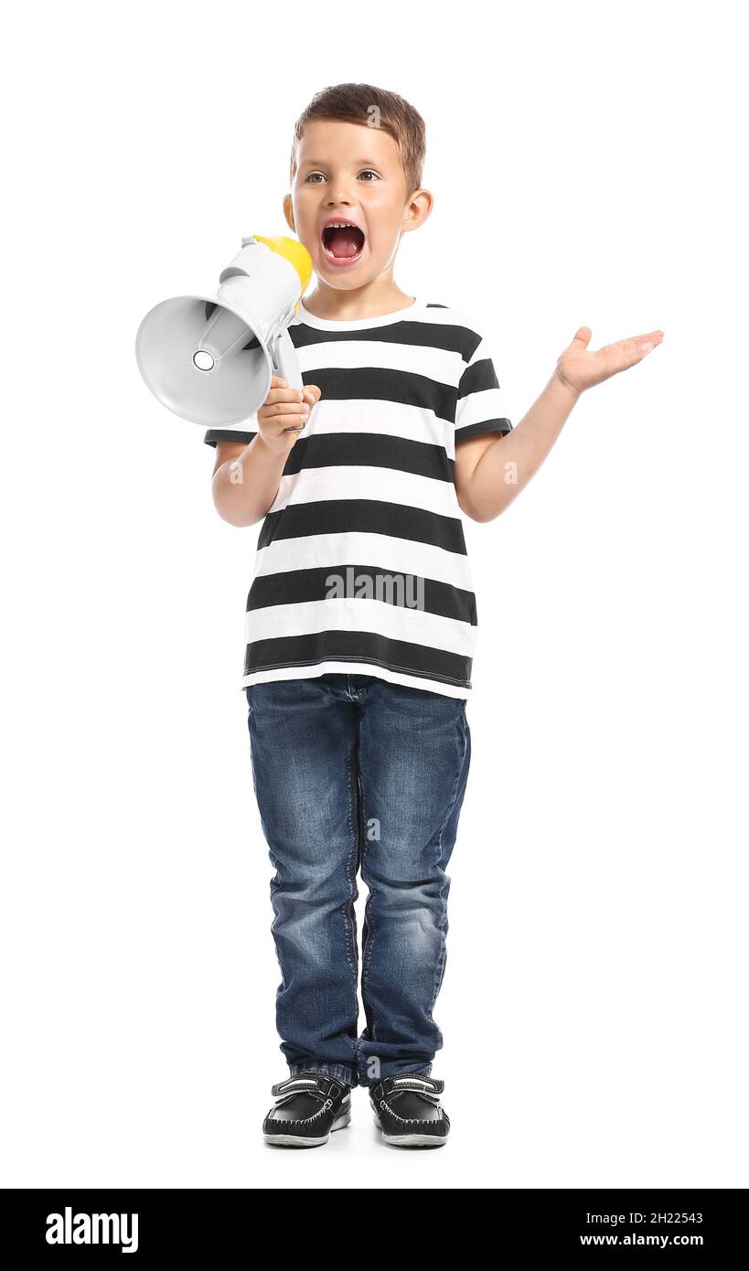 Cute little boy shouting into megaphone on white background Stock Photo ...