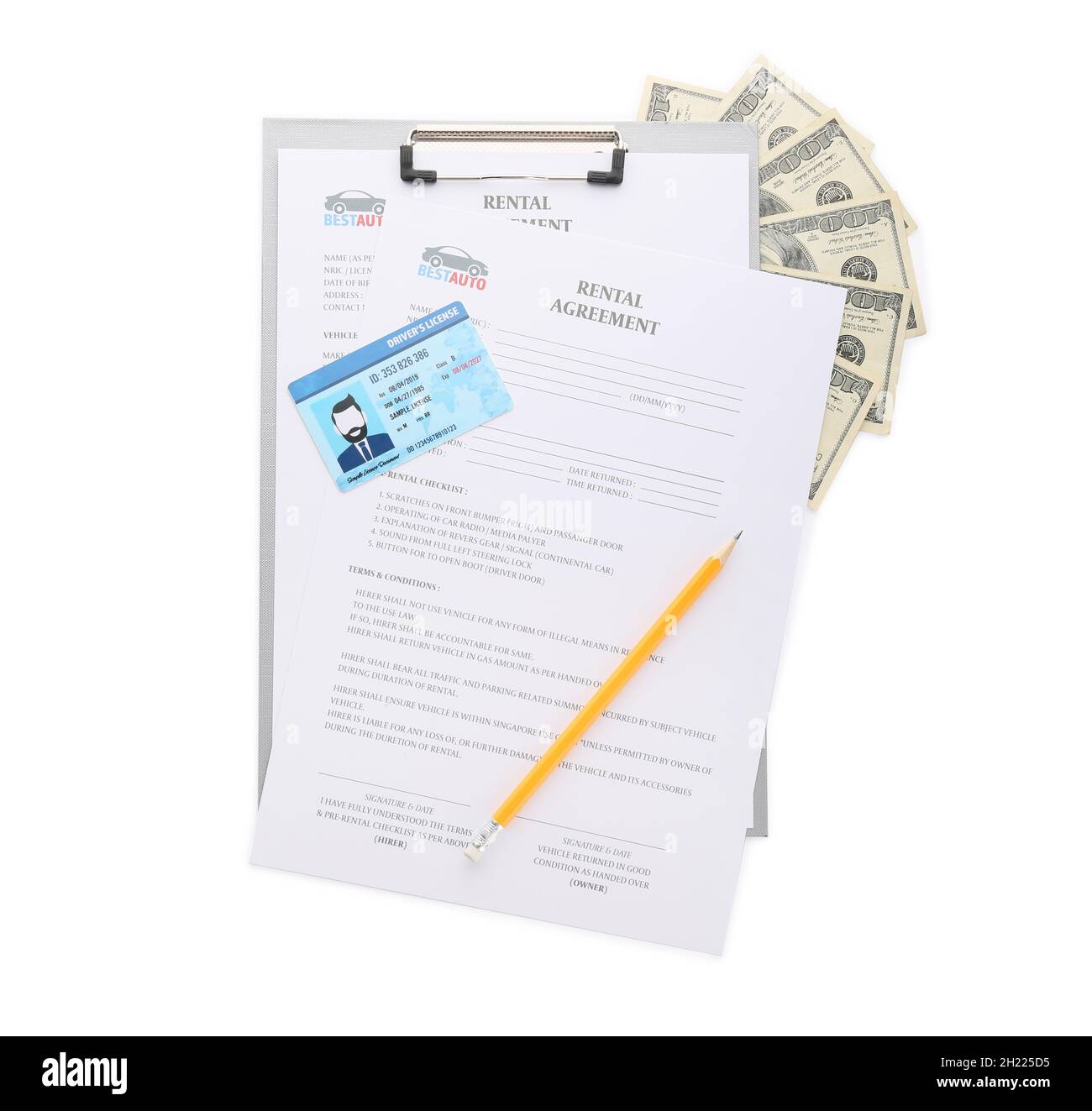 Clipboard with rental agreement, money, driver license and pencil on ...