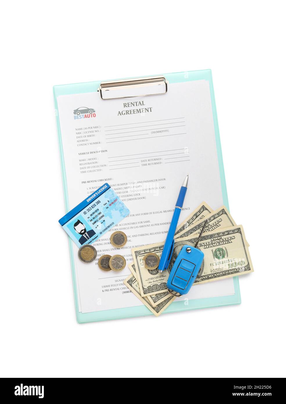 Clipboard with rental agreement, money, driver license, key and pen on ...