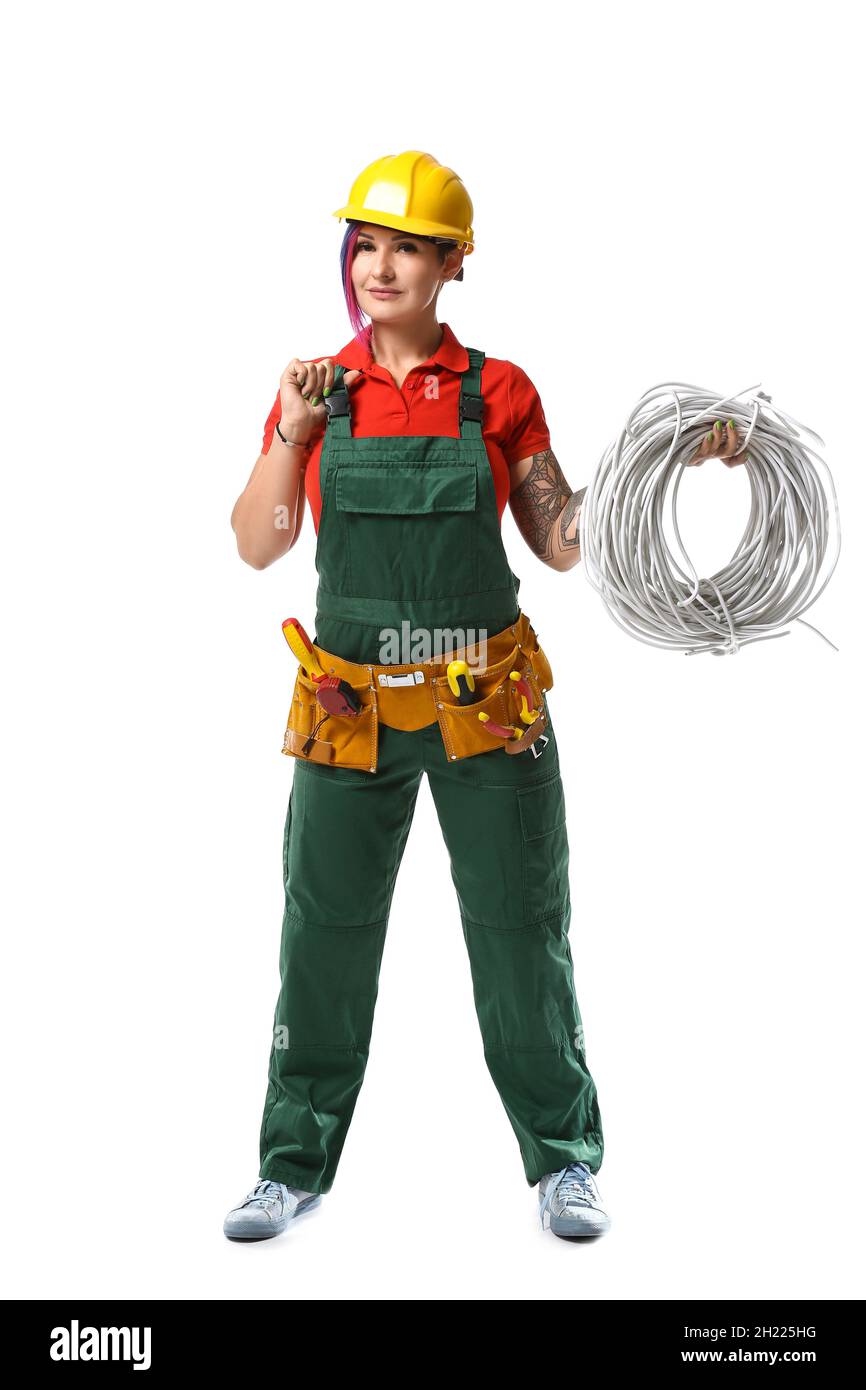 Female electrician with cables on white background Stock Photo - Alamy