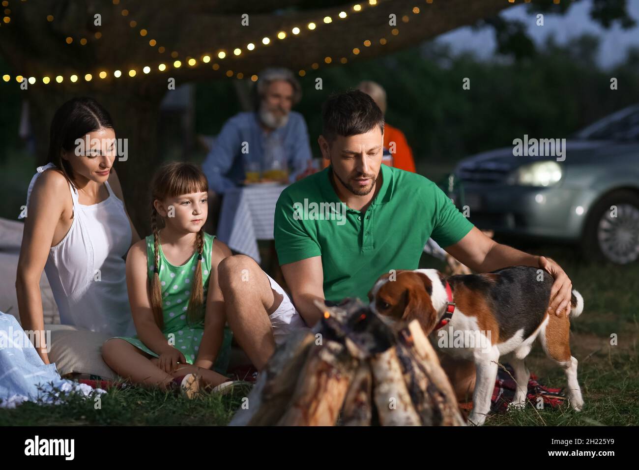 Happy family near fire on summer evening Stock Photo - Alamy