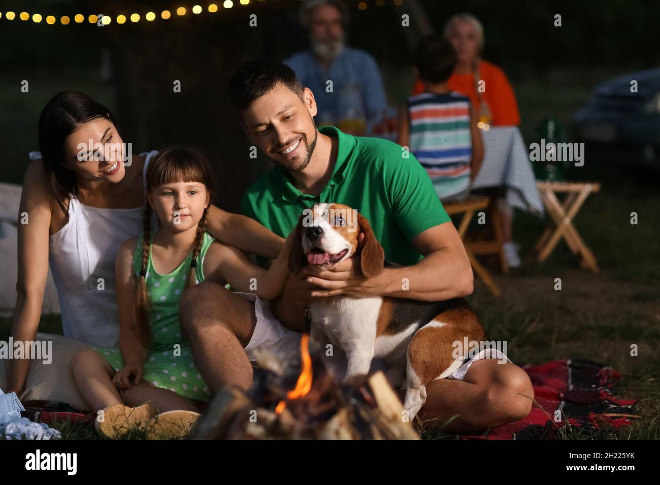 Happy family near fire on summer evening Stock Photo - Alamy
