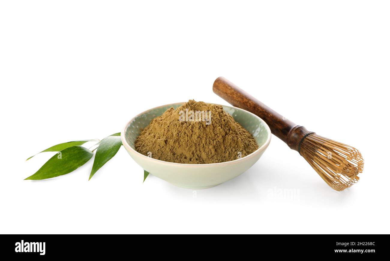 Bowl with natural hojicha powder and chasen on white background Stock ...
