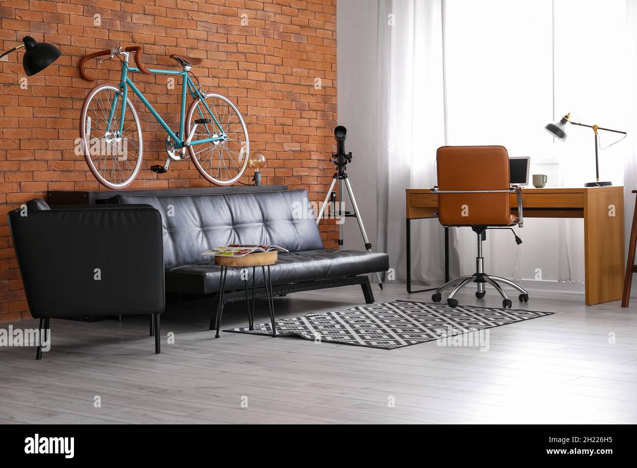 Comfortable living room interior with modern bicycle Stock Photo - Alamy