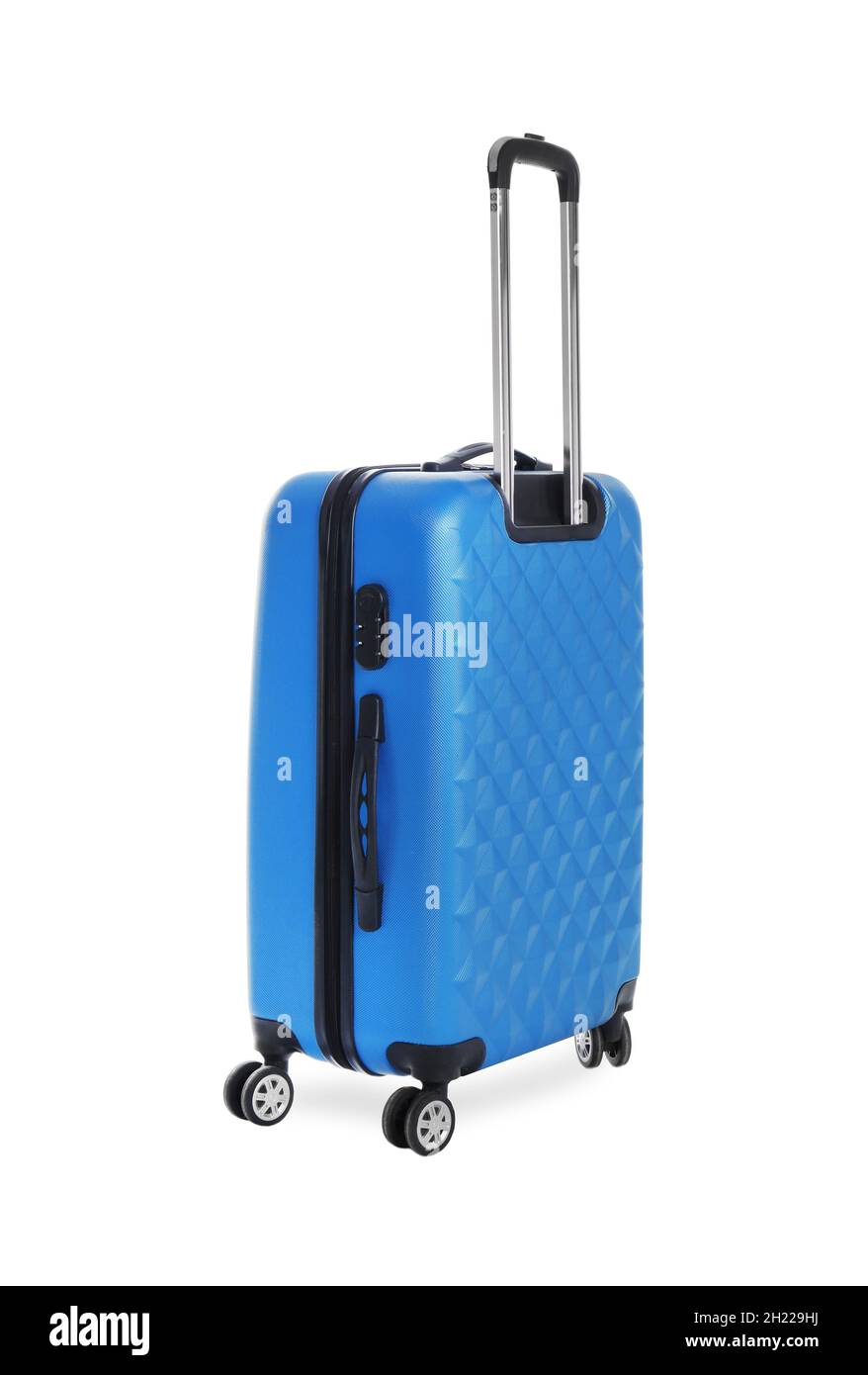 Blue suitcase for travelling on white background Stock Photo - Alamy