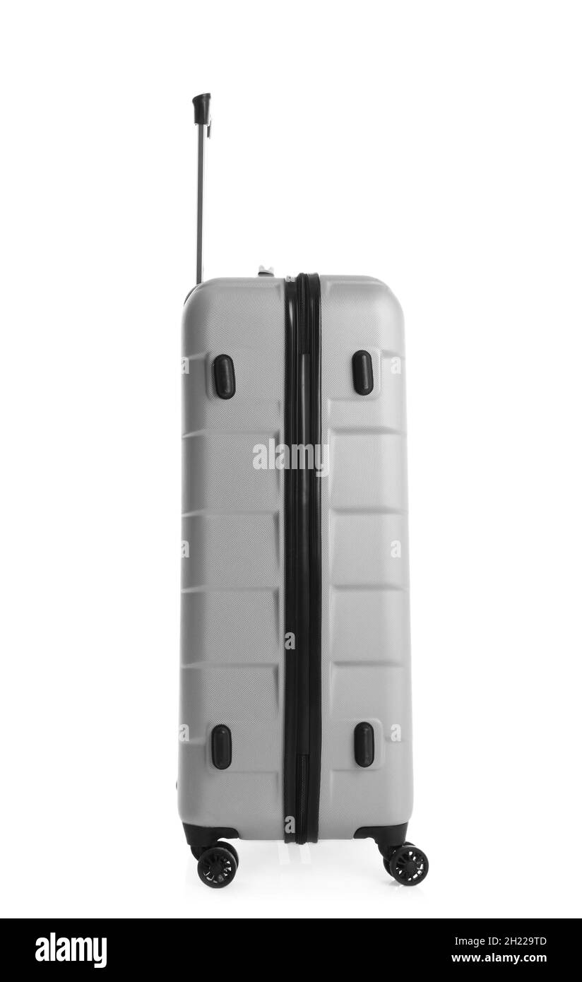 Grey suitcase for travelling on white background Stock Photo - Alamy