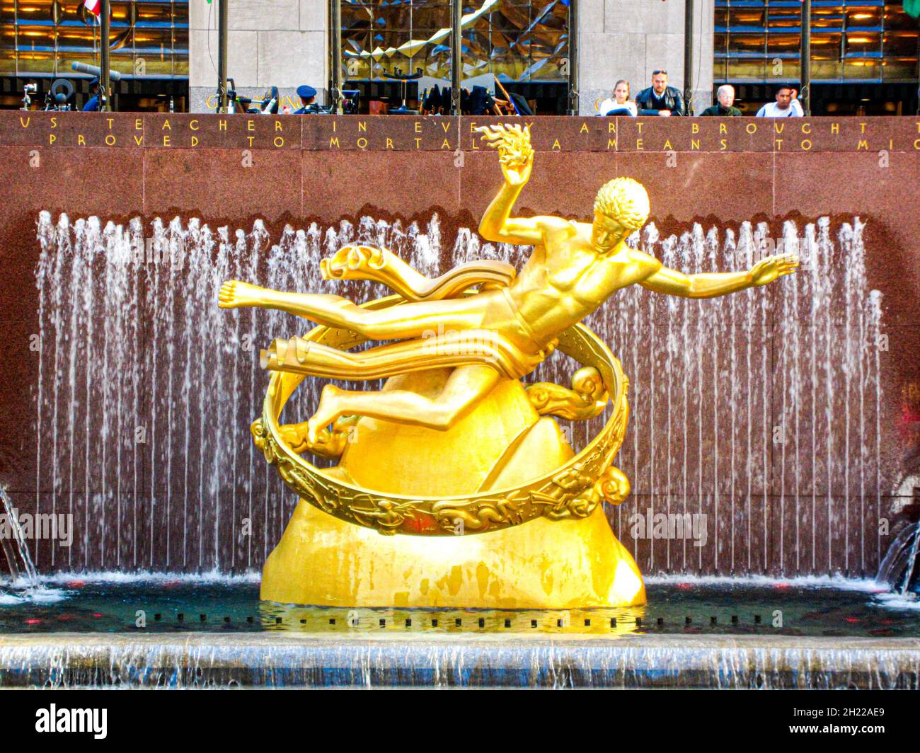 Golden statue of Prometheus at the Rockefeller Center, NYC, USA Stock ...