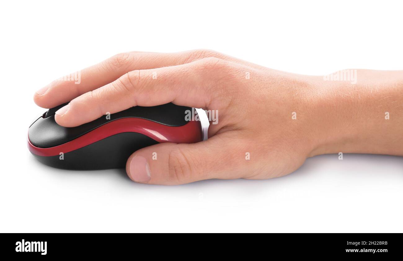 Man using computer mouse on white background, closeup of hand Stock Photo - Alamy