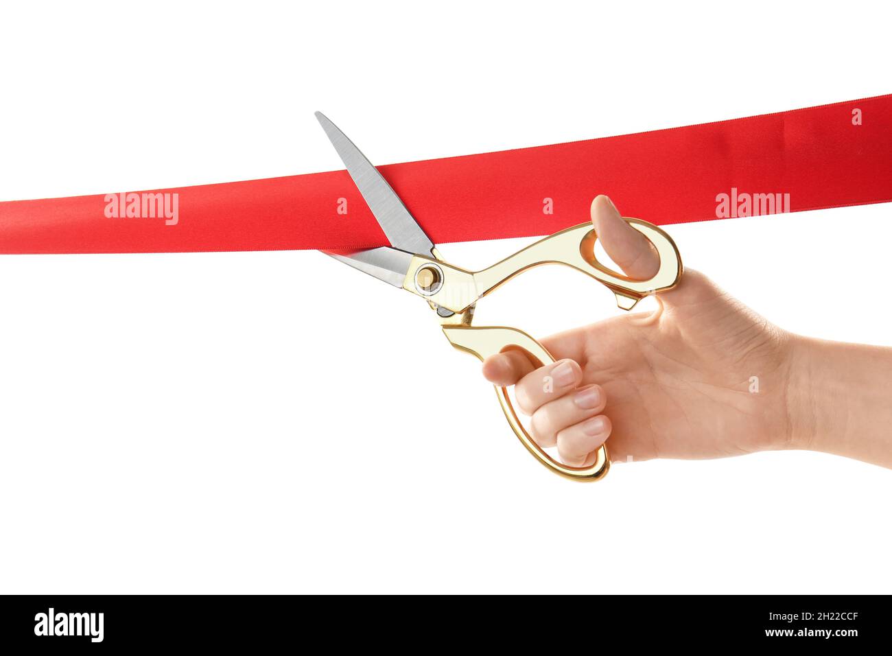 Woman cutting red ribbon on white background Stock Photo - Alamy
