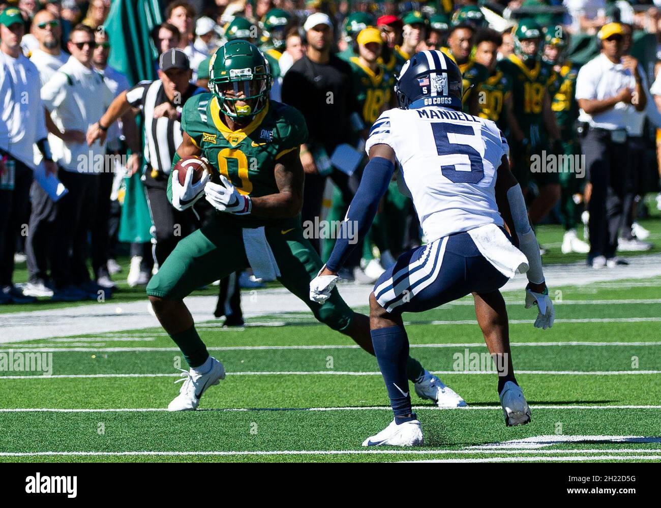 October 16 2021: Baylor Bears wide receiver R.J. Sneed (0) catches a ...