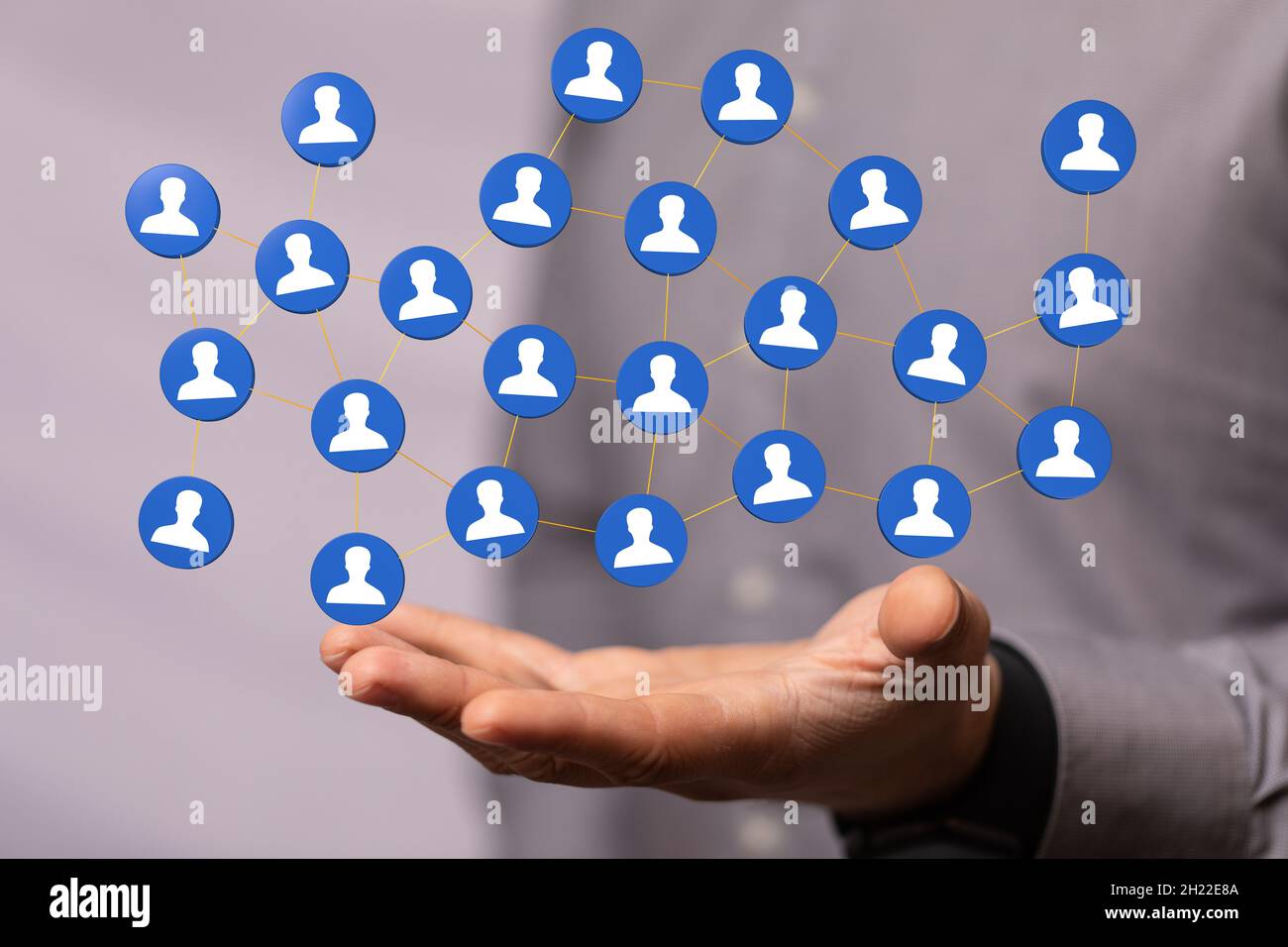 3D rendered people network team group above the hand of a male in the ...