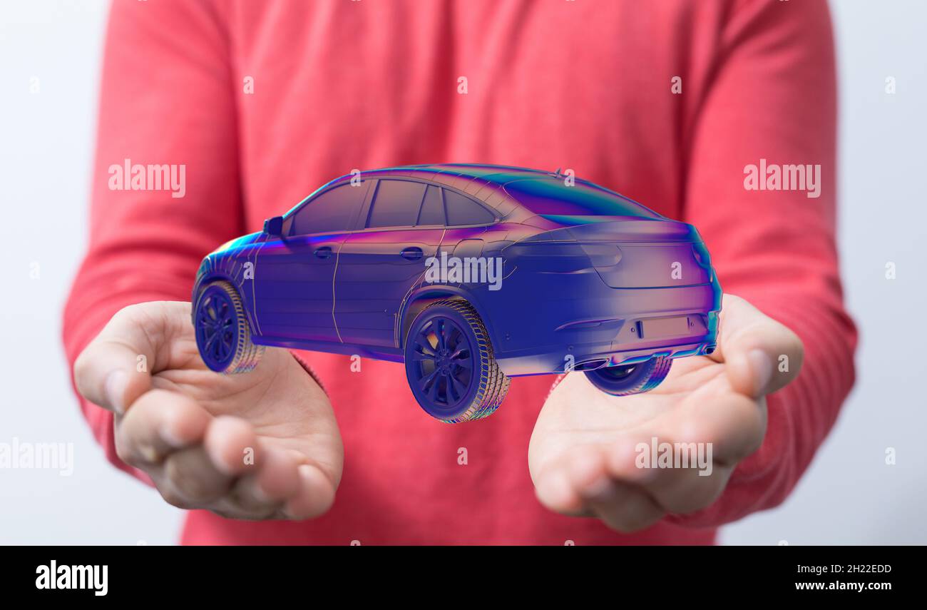 3D rendered blue car above the hands of a male in the background Stock ...