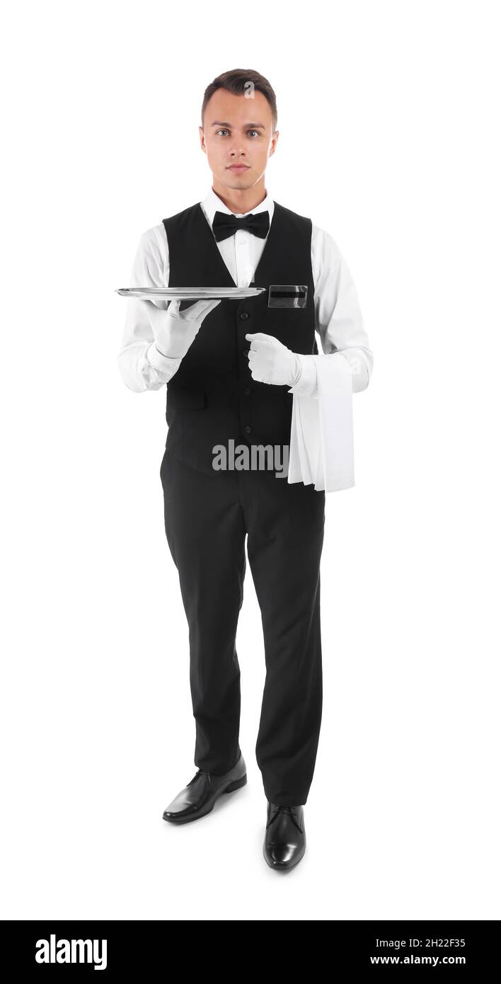 Waiter holding metal tray on white background Stock Photo - Alamy