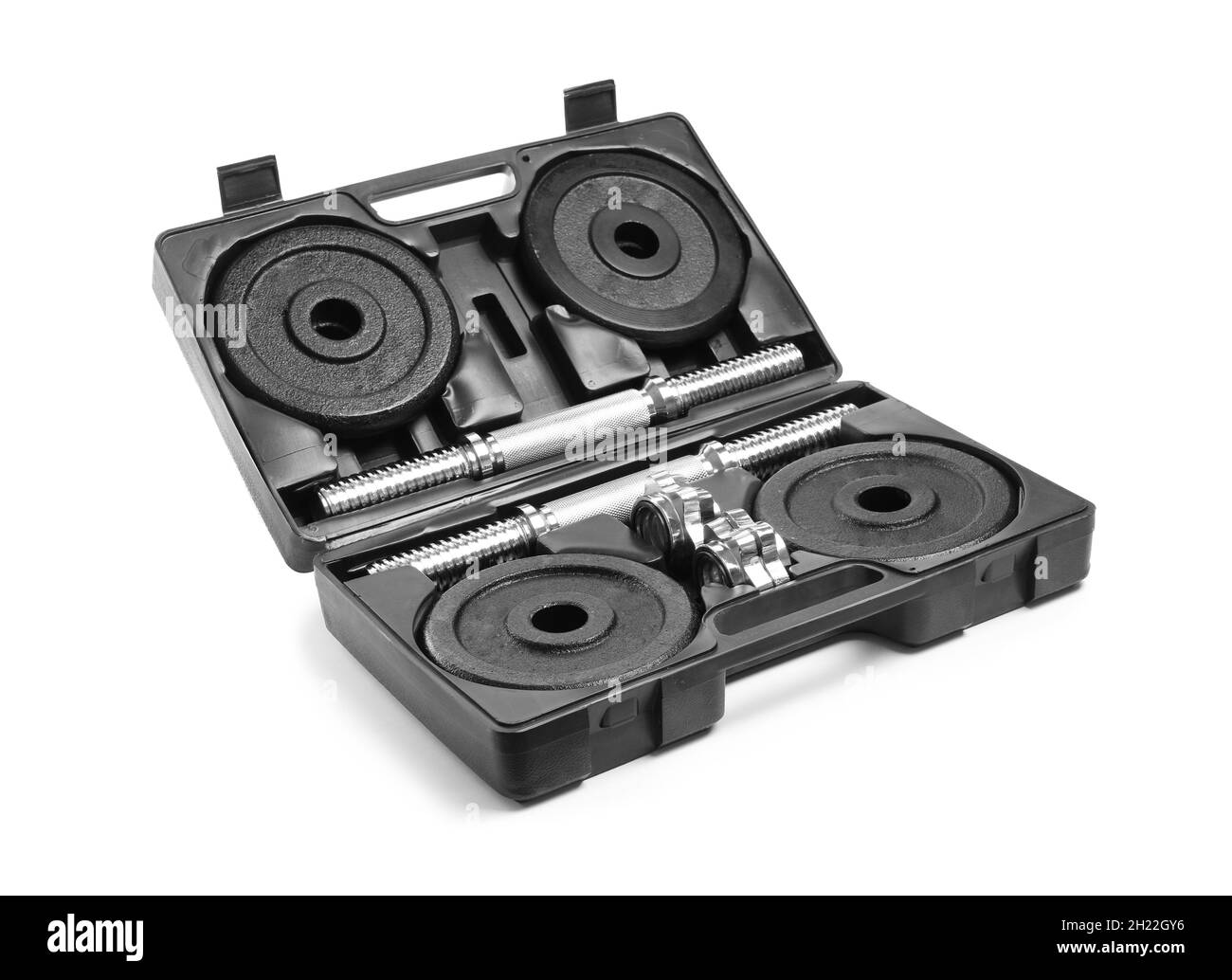 Professional dumbbell set in case on white background Stock Photo - Alamy