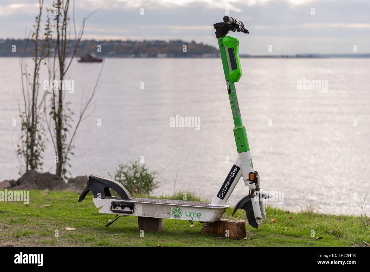 Seattle, USA. 19th Oct, 2021. A Lime Scooter missing both wheels in ...