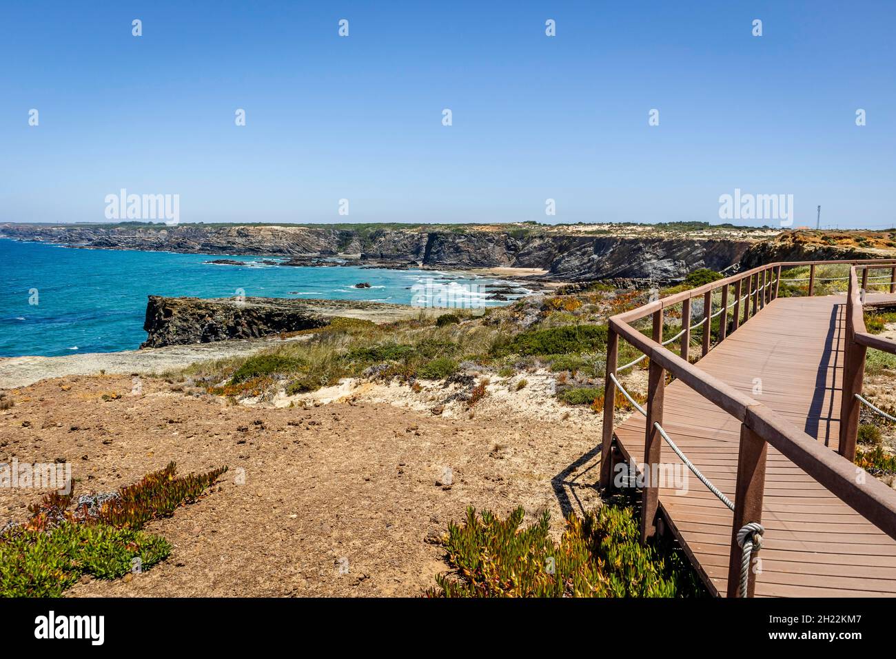Wooden walkways by the Atlantic Ocean in Zambujeira Do Mar, Vicentina ...