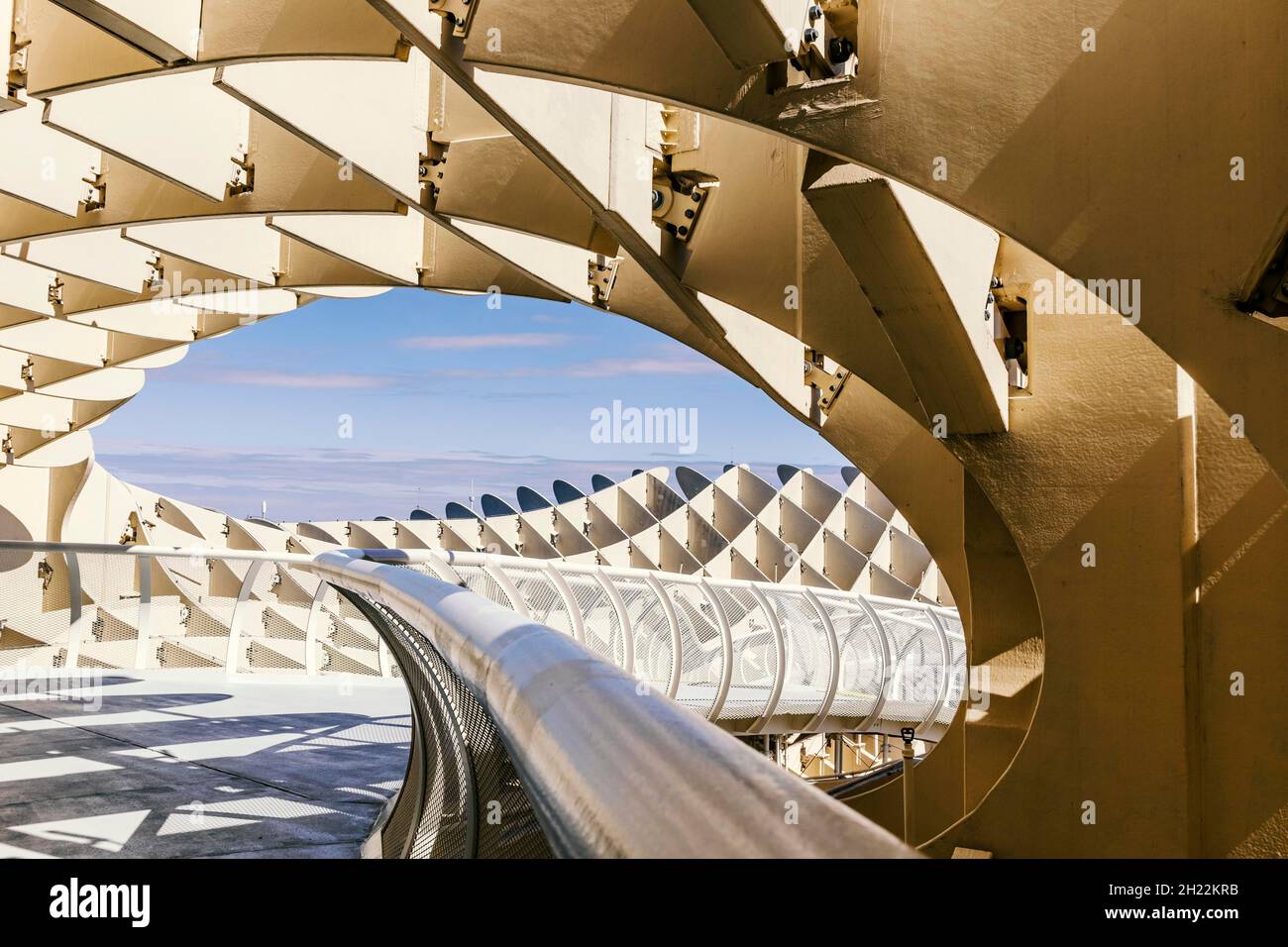 Architectural detail of Setas de Sevilla, wooden roof with walkways on ...